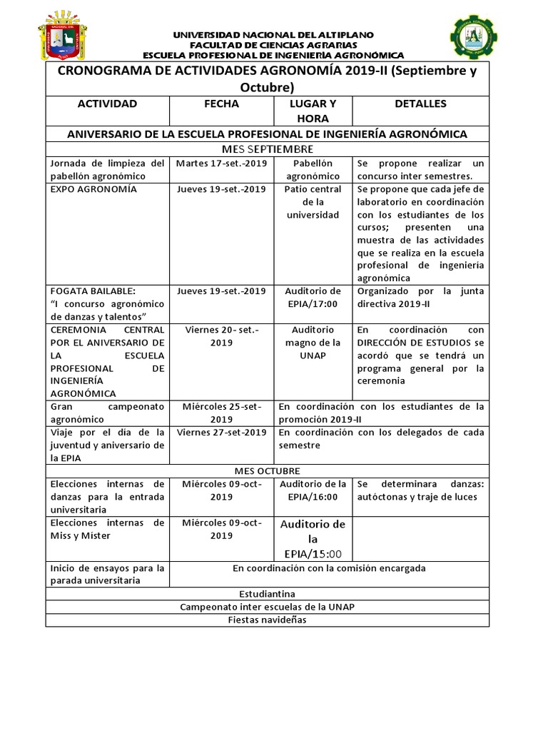 Cronograma de Actividades Agronomía 2019 | PDF