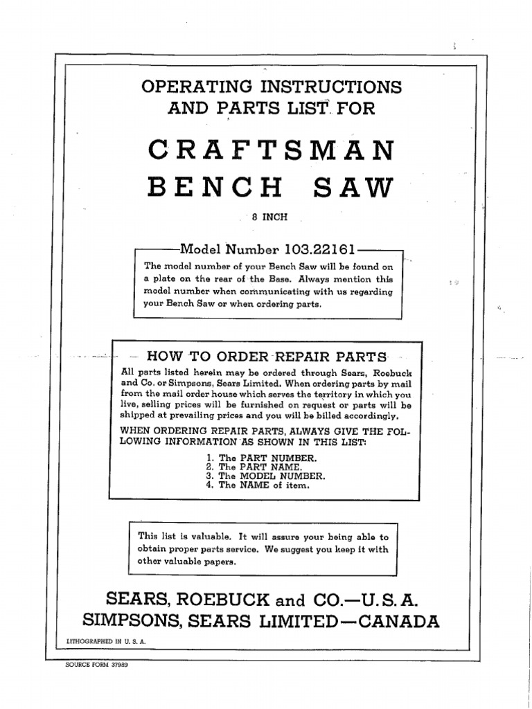Sears and Roebuck Table Saw 1955 Manual | PDF