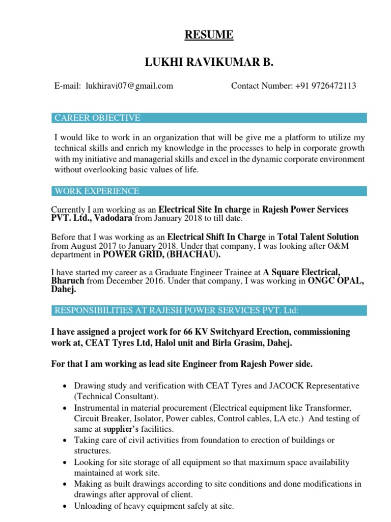 Resume Lukhi Ravikumar B.: Career Objective | PDF | Electrical Substation | Electrical Engineering