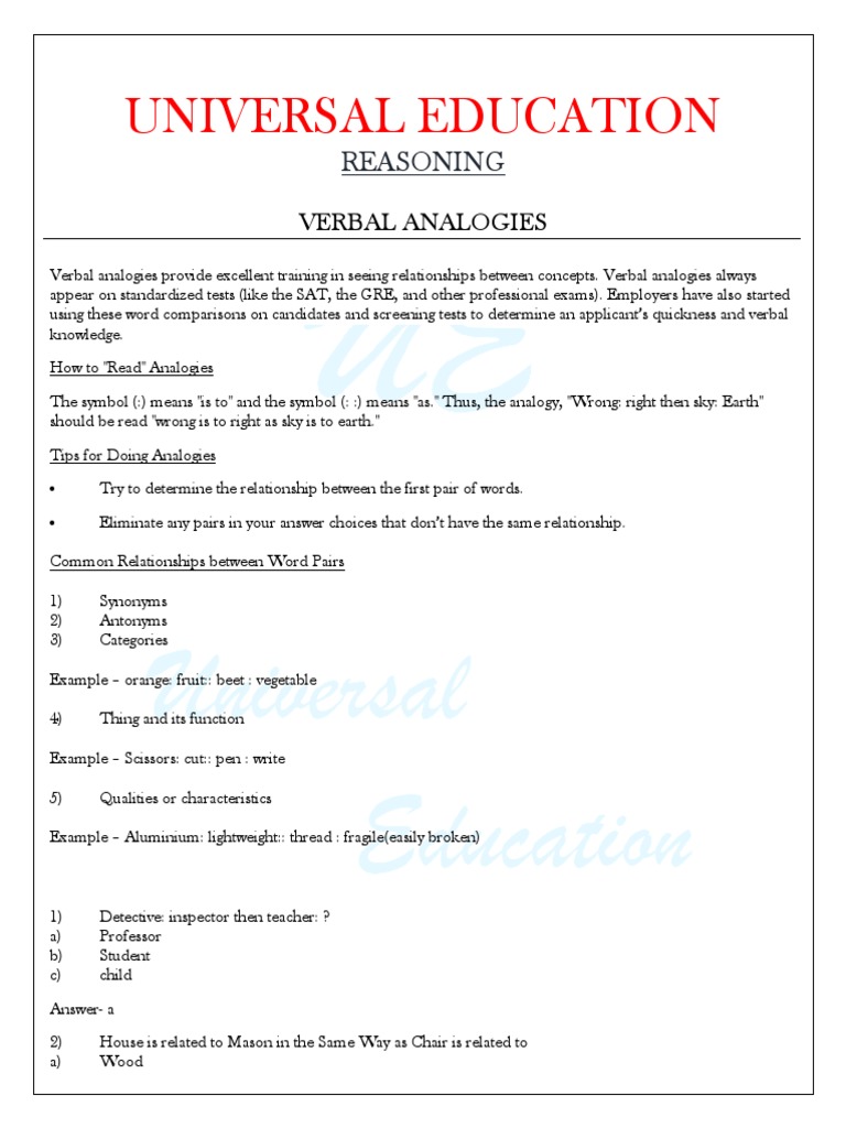 Verbal Analogies | Download Free PDF | Analogy | Sat