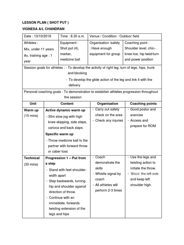 Lesson Plan (Shot Put) Vignesa A/L Chandran | PDF | Sports | Recreation