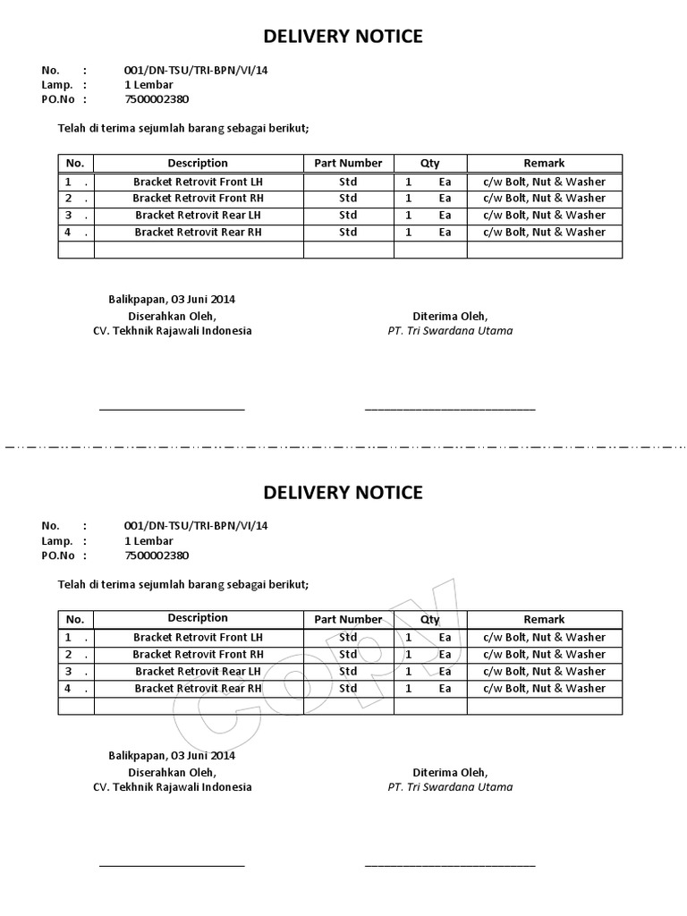 Delivery Notice: No. Description Part Number Qty Remark | PDF