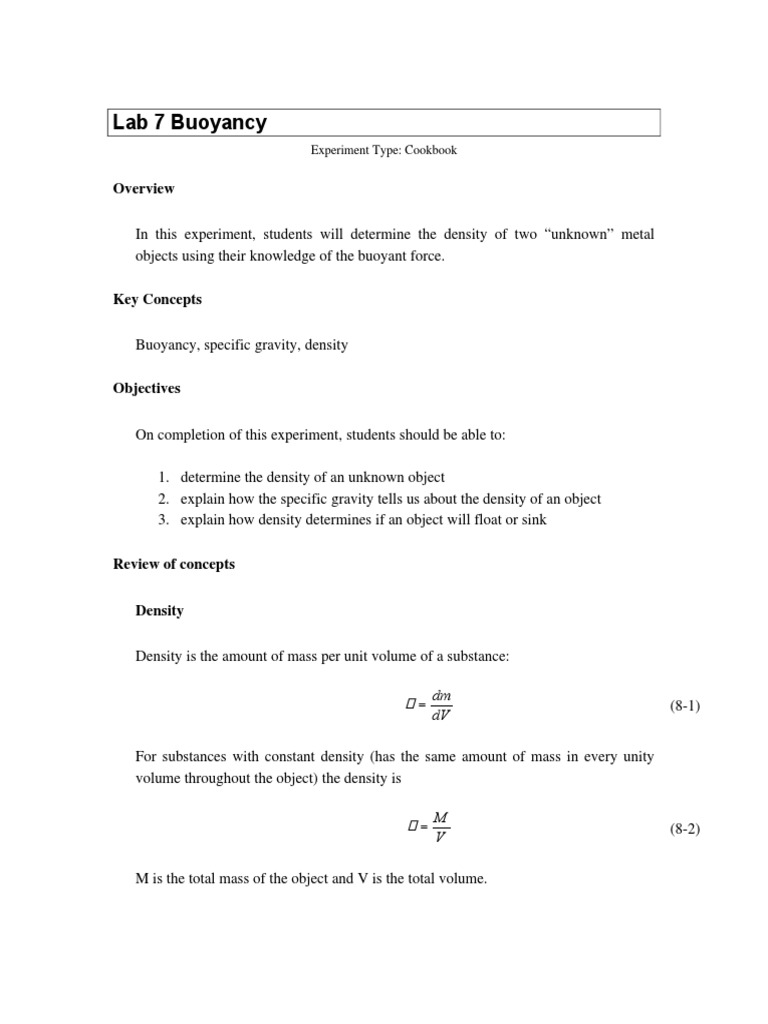 Lab 7 Buoyancy: Experiment Type: Cookbook | PDF | Buoyancy | Density