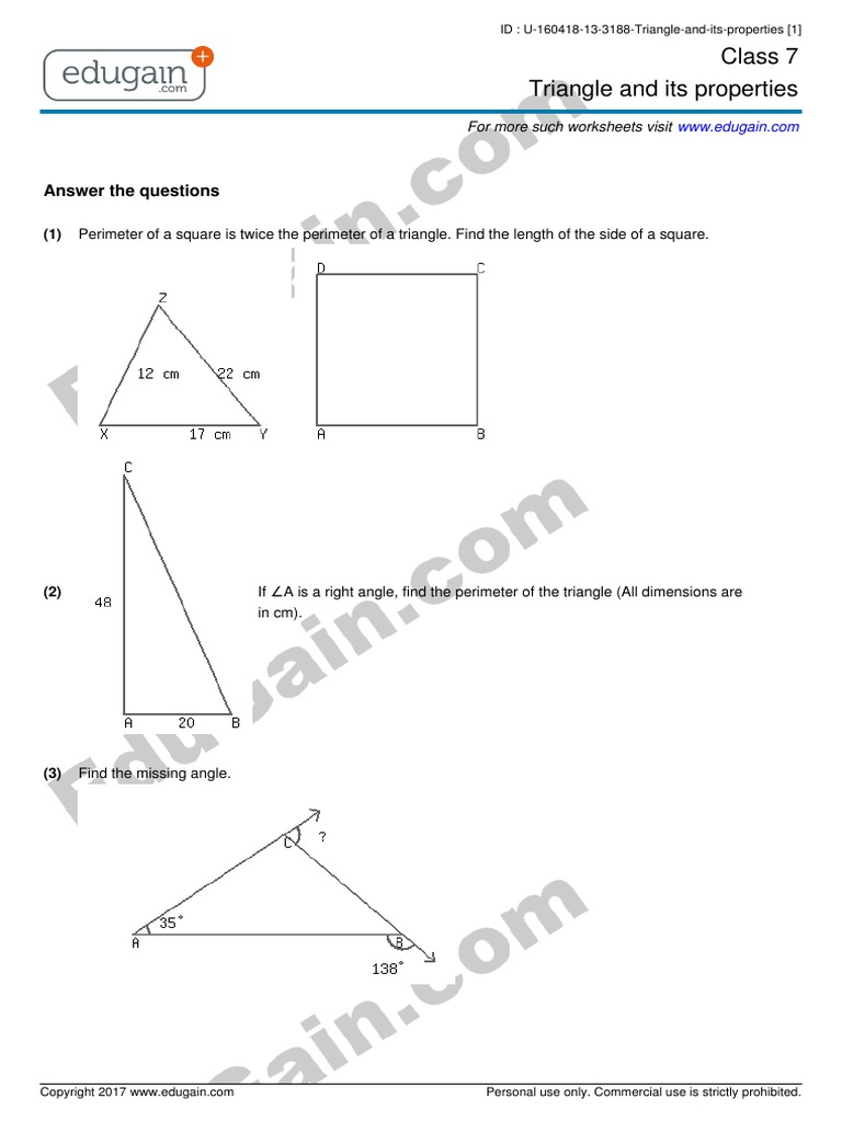 Class 7 Triangle and Its Properties: Answer The Questions | PDF ...
