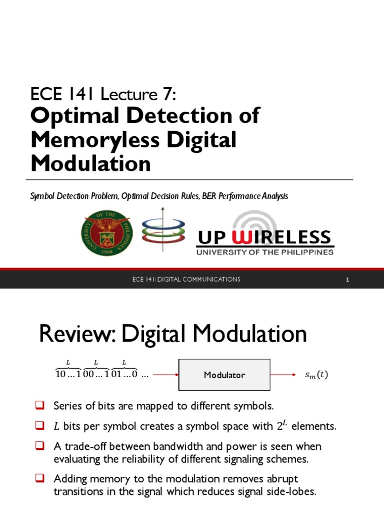 Ece141 Lec07 Optimal Detection Of Memoryless Digital Modulation Pdf