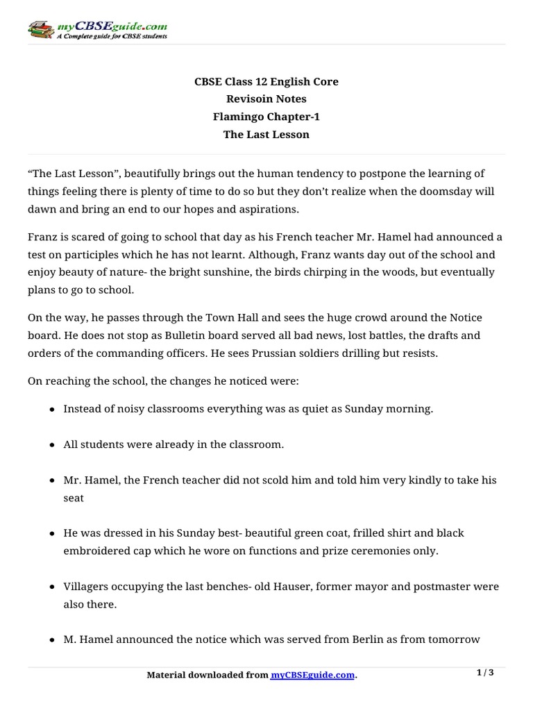 CBSE Class 12 English Core Revisoin Notes Flamingo Chapter-1 The Last ...