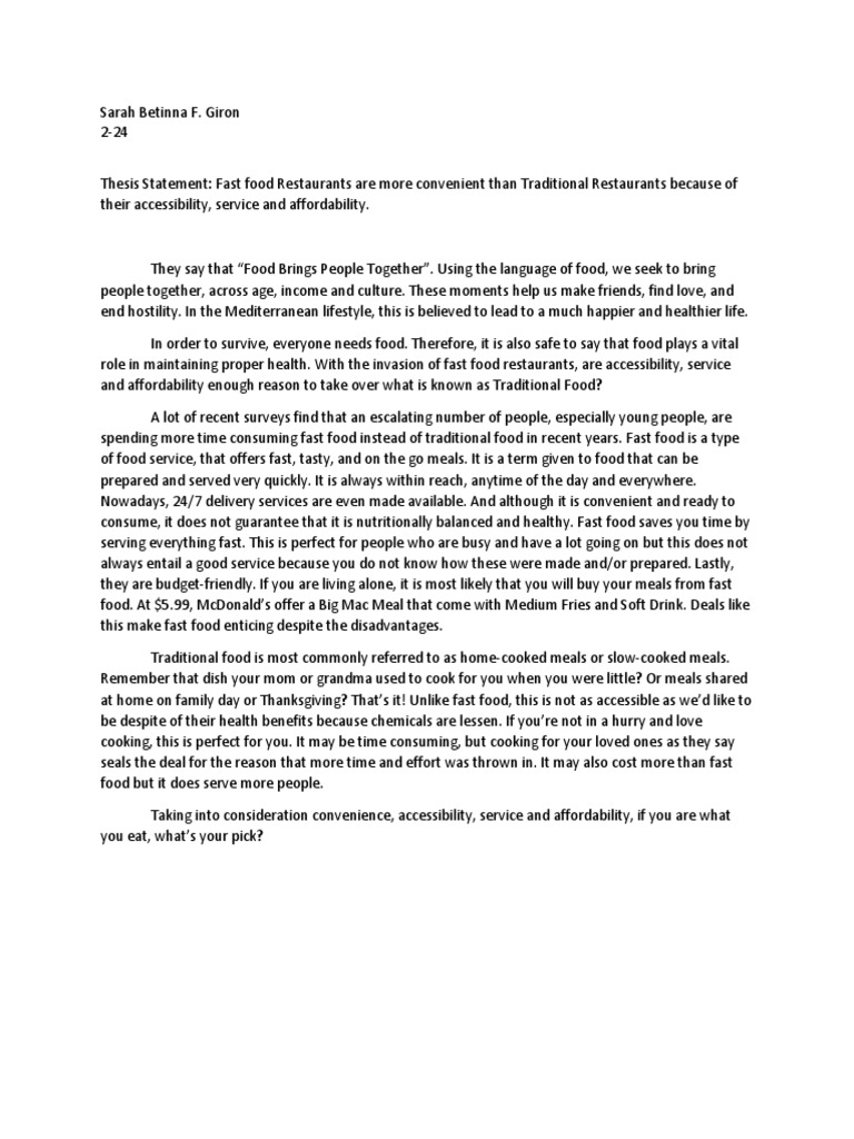 Fast Food Vs Traditional Food | PDF | Fast Food | Fast Food Restaurants