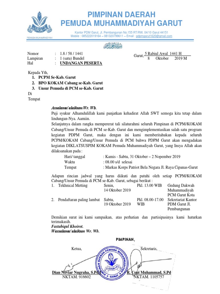 Surat Undangan & TOR Diklatsuspim Kokam Garut 2019 | PDF