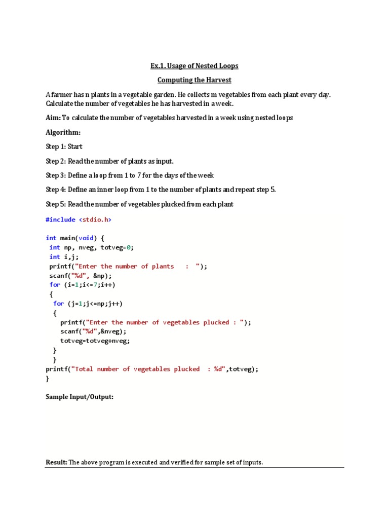 Nested Loops Calculate Vegetable Harvest Pdf Computer Programming