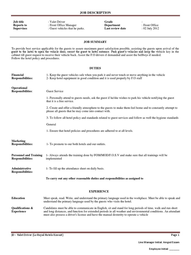 Valet Driver Job Description - LR | PDF | Communication | Psychology