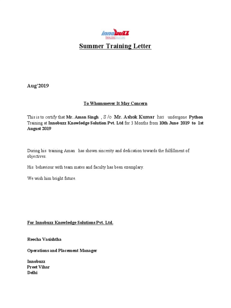 Summer Training Letter - Aman Singh | PDF | Career & Growth | Finance ...