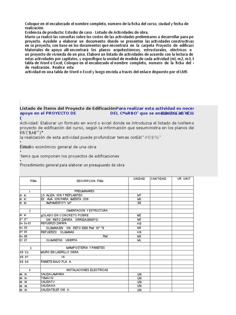 Listado de Ítems y Actividades de la Obra de Construcción de Acuerdo a ...