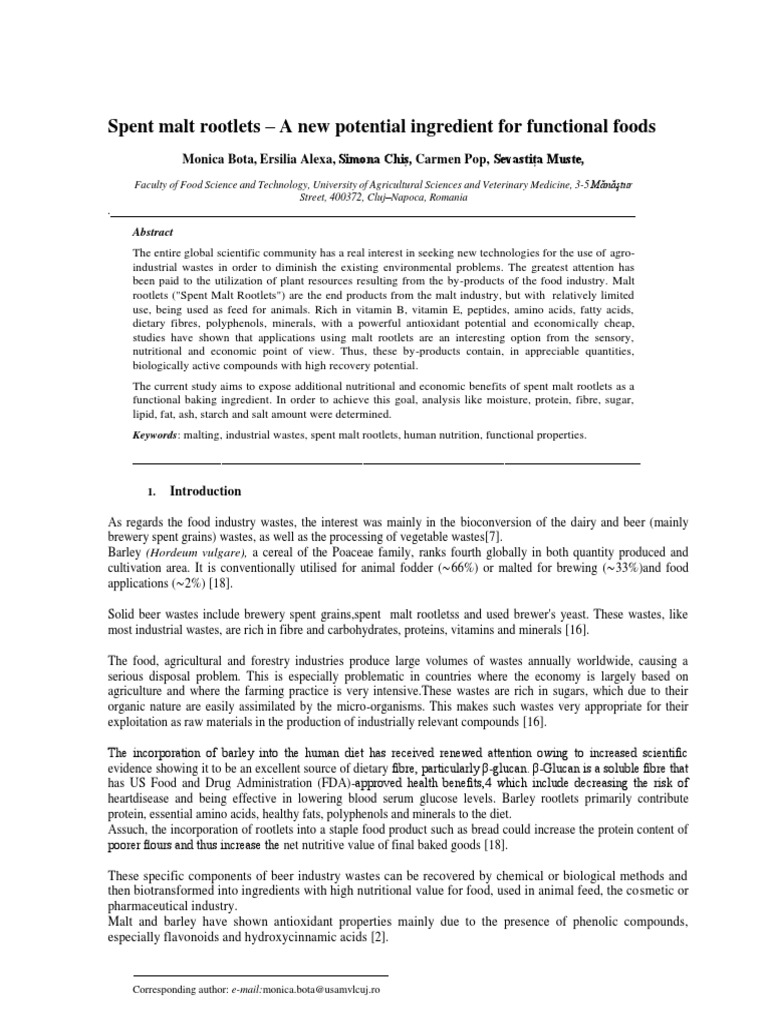Spent Malt Rootlets - A New Potential Ingredient For Functional Foods ...