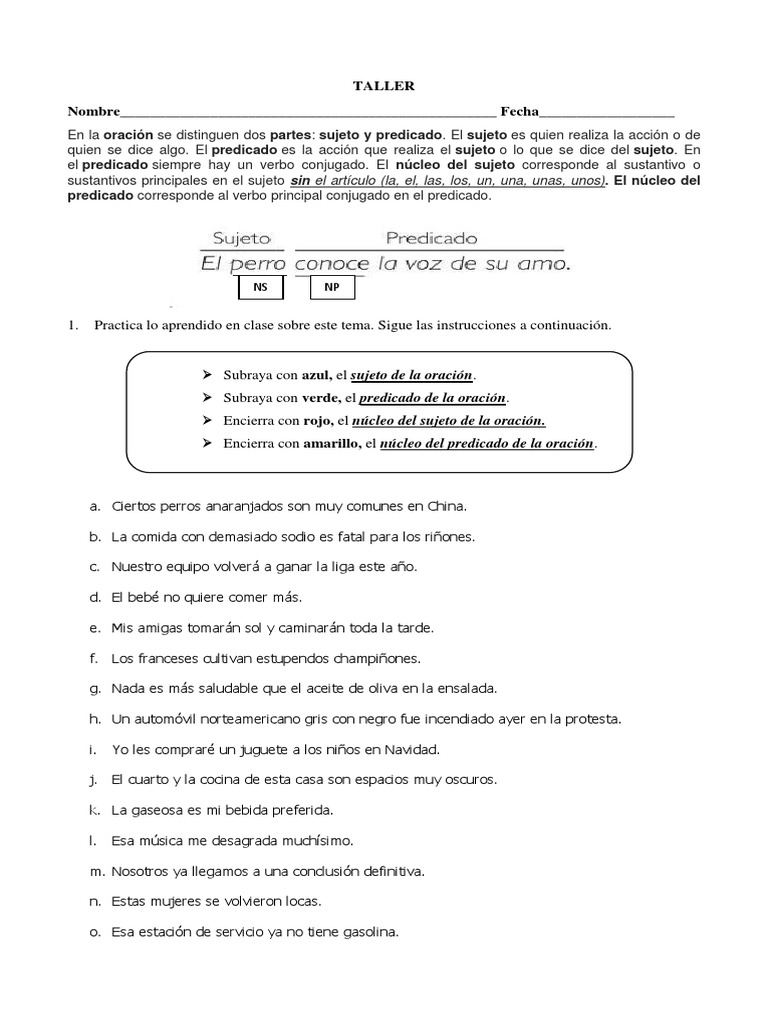 Taller sobre sujeto y predicado en oraciones | PDF | Predicado ...