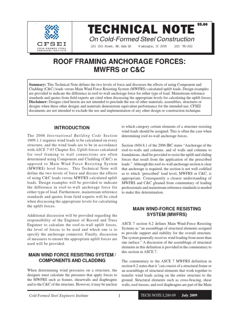 Technical Note: Roof Framing Anchorage Forces: Mwfrs or C&C | PDF ...
