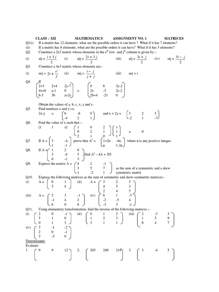 I J I J I J I: Class - Xii Mathematics Assignment No. 1 Matrices ...