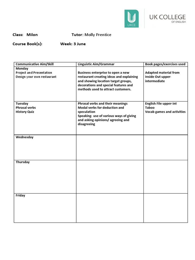 Class: Milon Tutor: Molly Prentice Week: 3 June: Course Book(s) | PDF ...