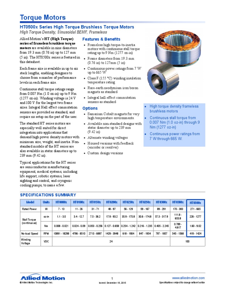 HT0500x FramelessTorqueMotors Datasheet R5 | PDF | Electric Motor | Engines