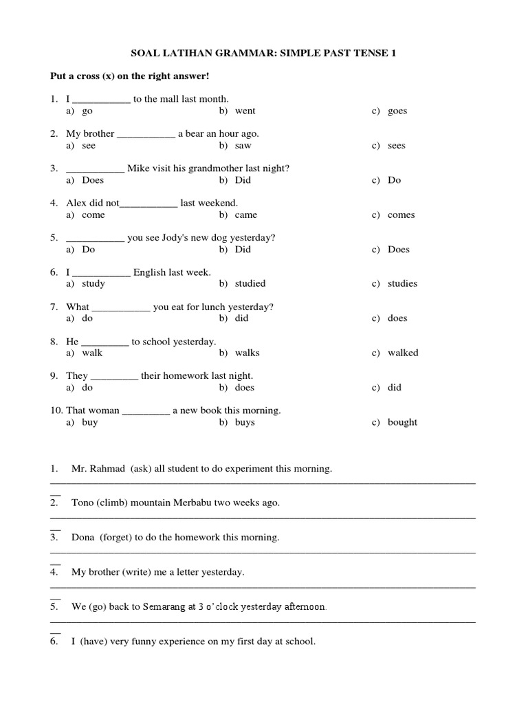 Soal Latihan Grammar: Simple Past Tense 1 Put A Cross (X) On The Right ...
