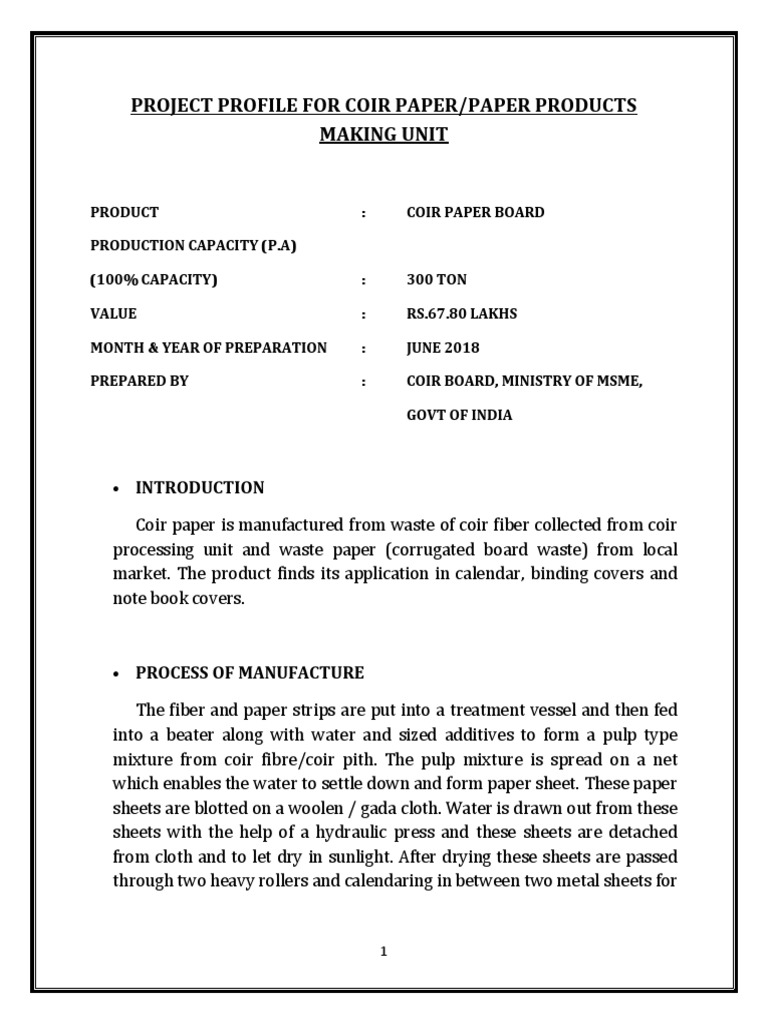 Project Profile For Coir Paper or Paper Products Making Unit | PDF ...