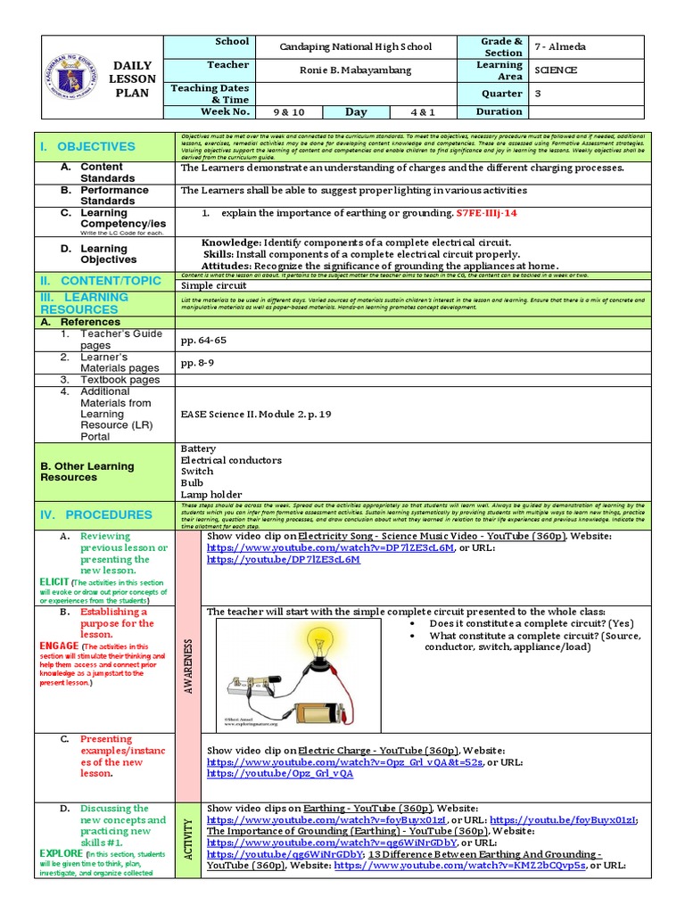 Science 7 DLP q3w9d4 & w10d1 | PDF | Learning | Electricity