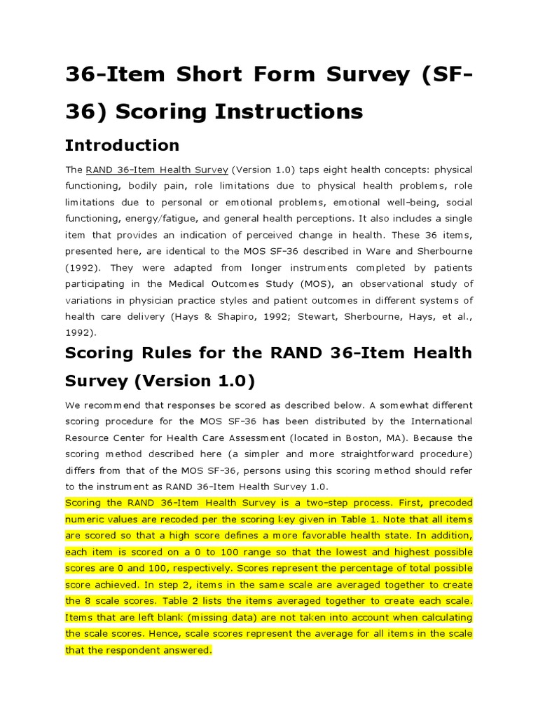 36-Item Short Form Survey (SF-36) Scoring Instructions | PDF | Quality ...
