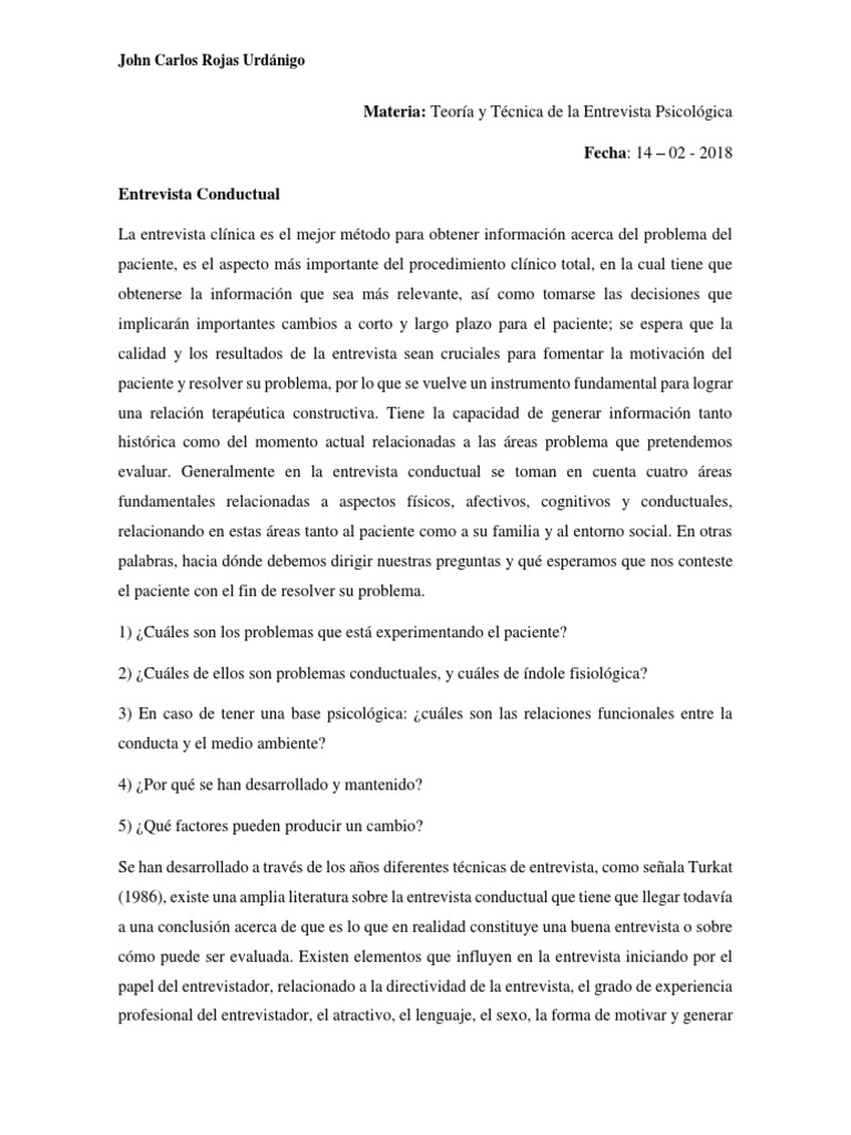 Entrevista Conductual según Kanfer y Saslow | PDF | Comportamiento ...