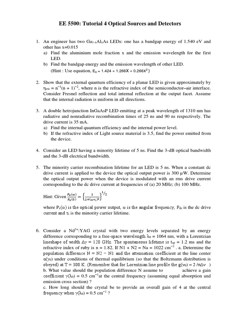Tutorial Optical Sources and Detectors | PDF | Light Emitting Diode | Refractive Index
