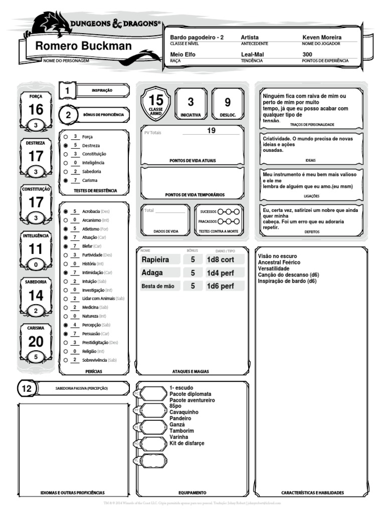 D&D 5E - Ficha de Bardo LVL 2 | PDF | Dungeons & Dragons (jogo)