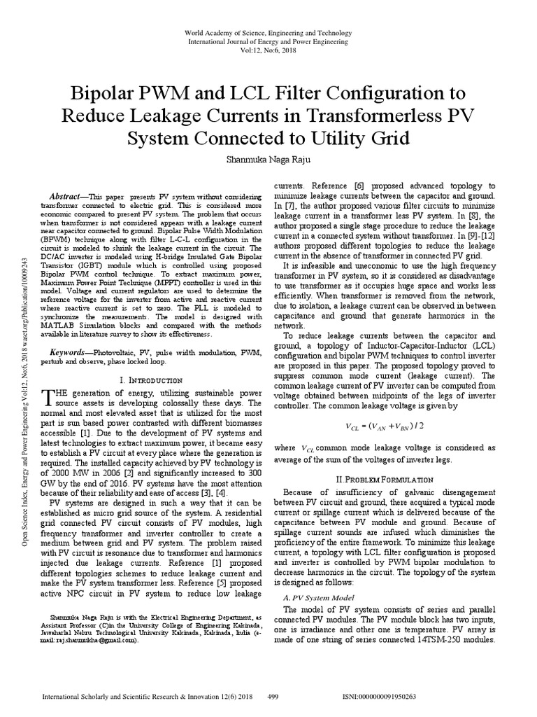 Bipolar Pwm And Lcl Filter Configuration To Reduce Leakage Currents In Transformerless Pv System