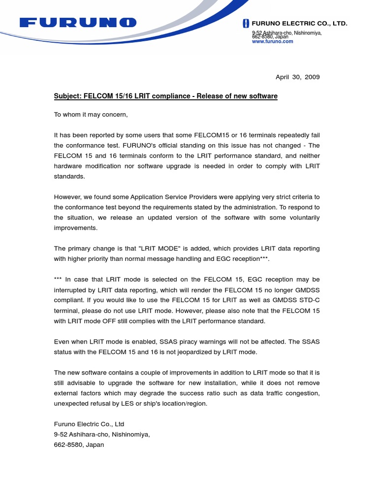Subject: FELCOM 15/16 LRIT Compliance - Release of New Software | PDF ...
