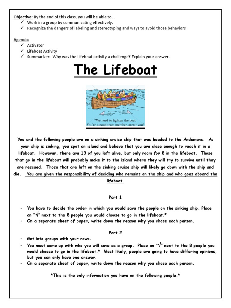 The Lifeboat Activity | PDF | Substance Abuse | Stereotypes The Lifeboat Activity | PDF | Substance Abuse | Stereotypes
