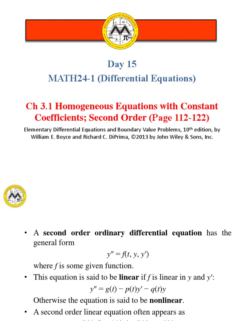 16.3.1 - Homogeneous Equations With Constant Coefficients Second Order ...