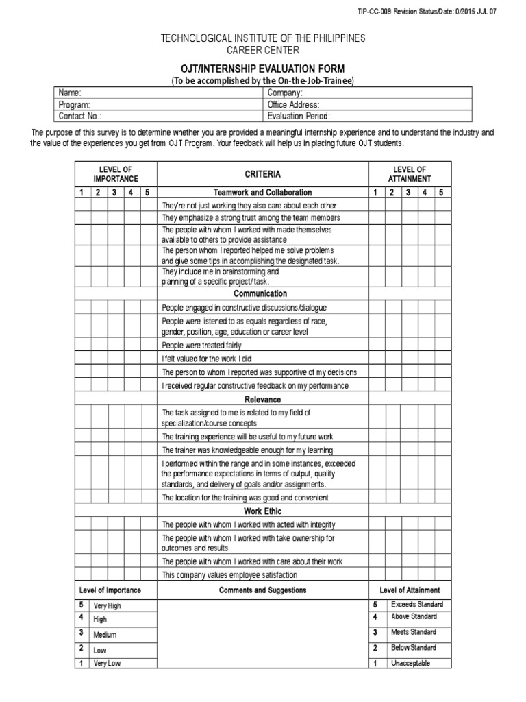 Ojt Internship Form | PDF | Evaluation | Behavioural Sciences