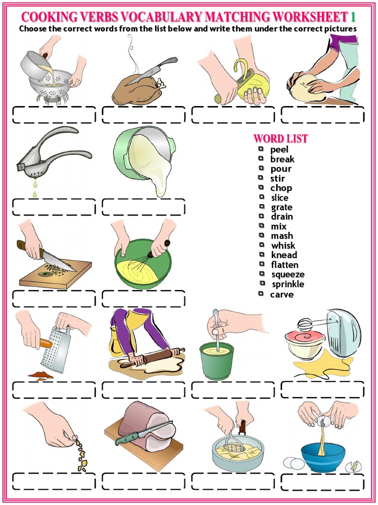 Cooking Verbs Vocabulary Matching Worksheet 1 | PDF
