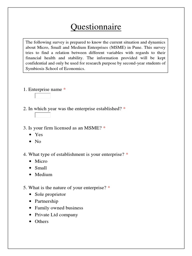 Questionnaire For MUDRA Yojana | PDF | Loans | Small And Medium Sized ...