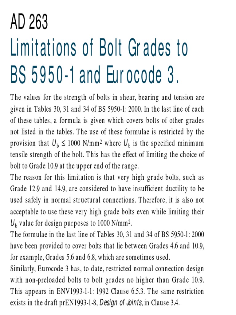AD 263 - Limitations of Bolt Grades To BS 5950-1 and Eurocode 3 | PDF ...