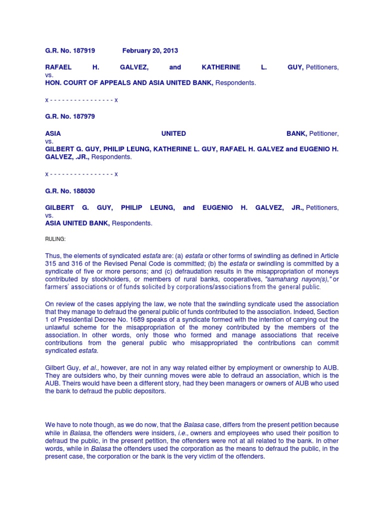 Ruling On Syndicated Estafa vs. Simple Estafa | PDF | Fraud | Crime ...