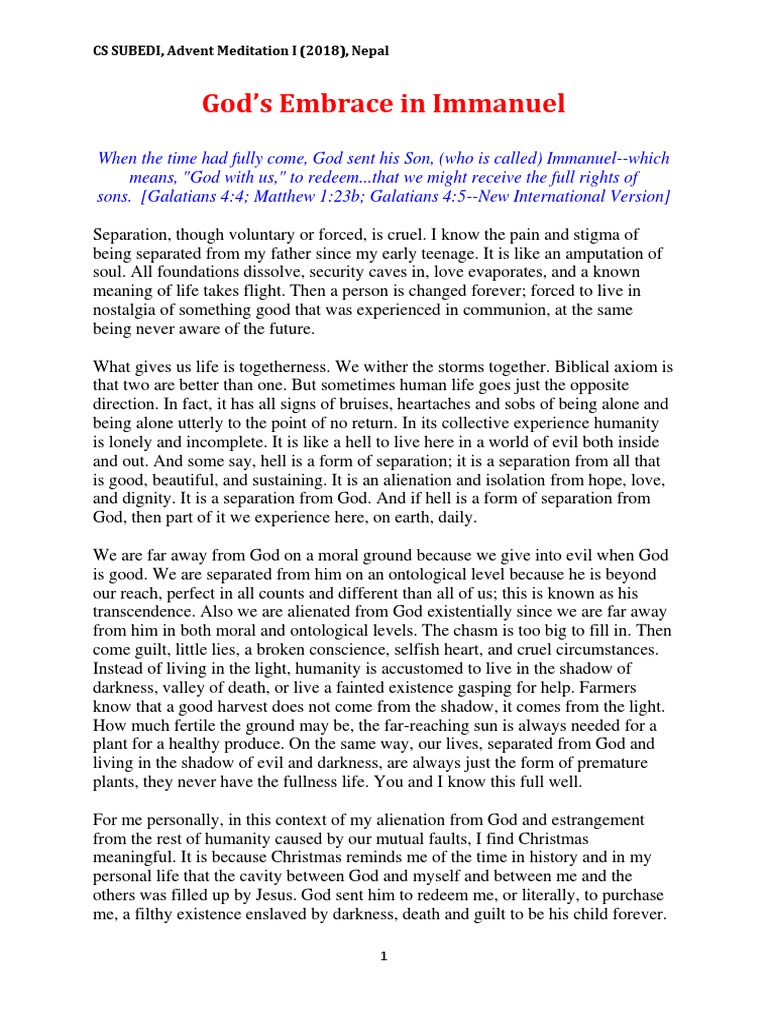God's Embrace in Immanuel: CS SUBEDI, Advent Meditation I (2018), Nepal ...