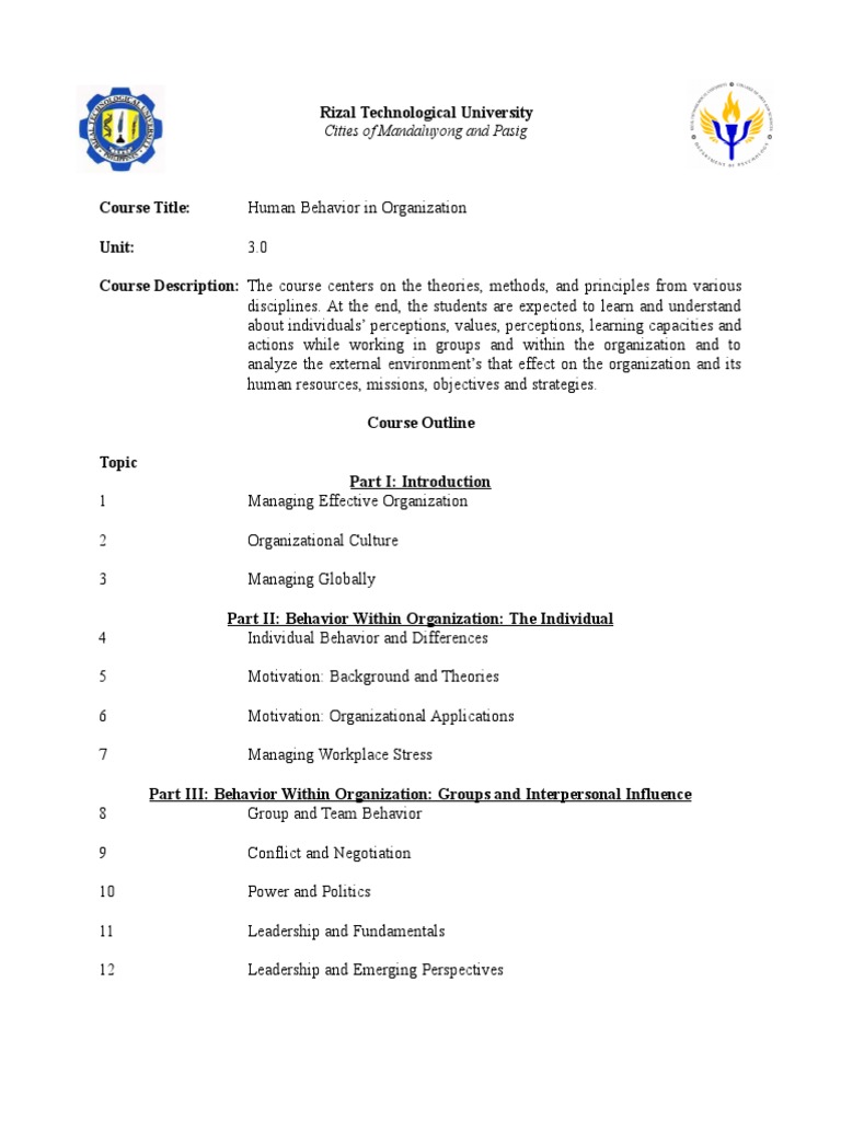 Course Outline Human Behavior Organization | PDF | Organizational ...