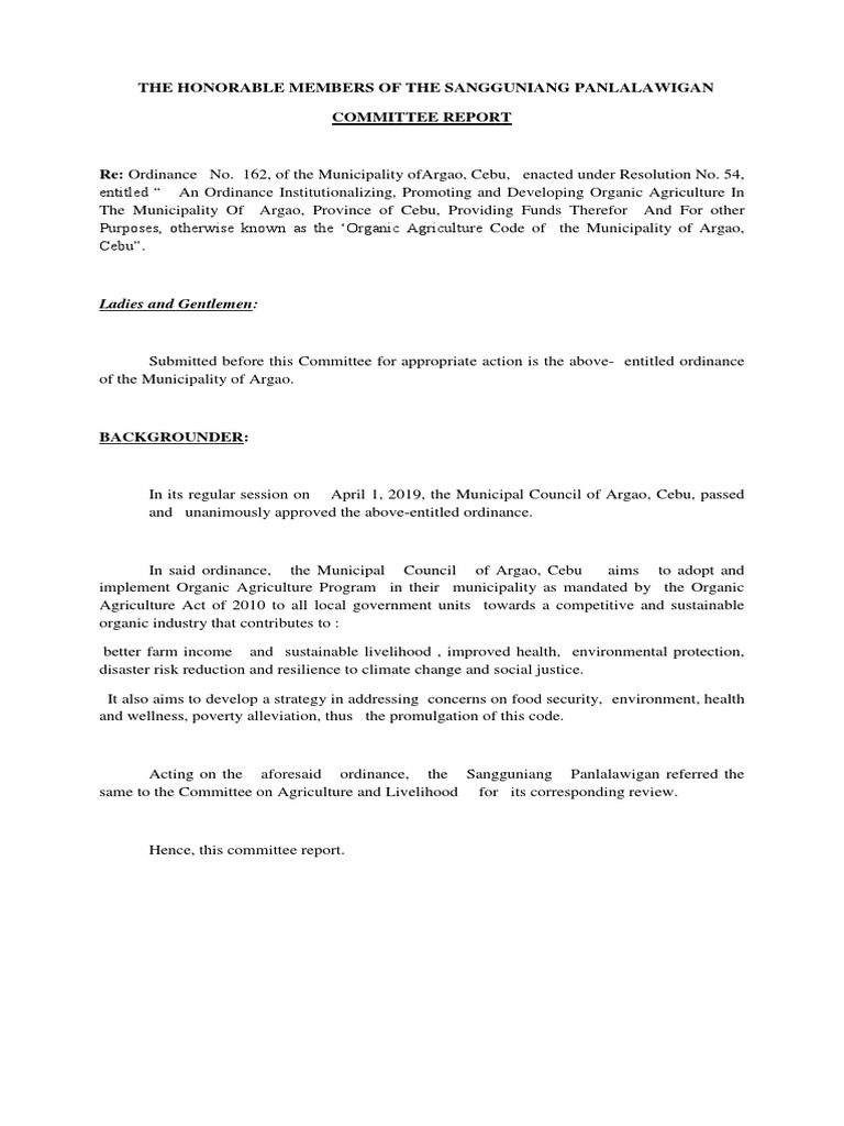The Honorable Members of The Sangguniang Panlalawigan Committee Report ...