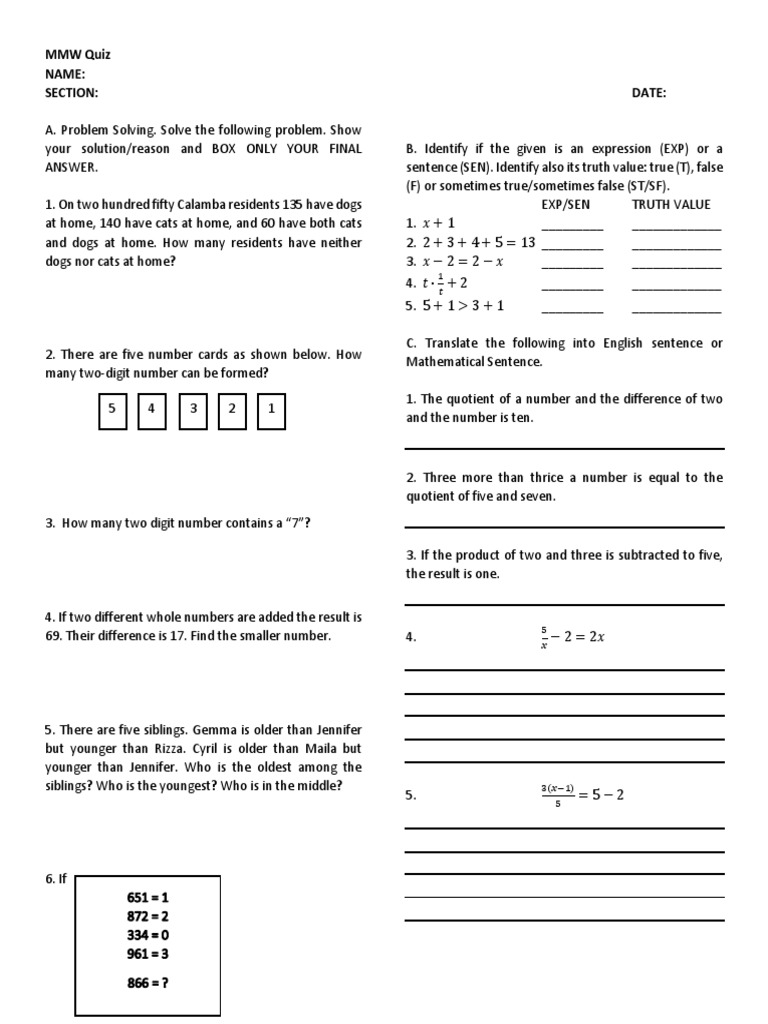 MMW Quiz Name: Section: Date | PDF | Logic | Teaching Mathematics