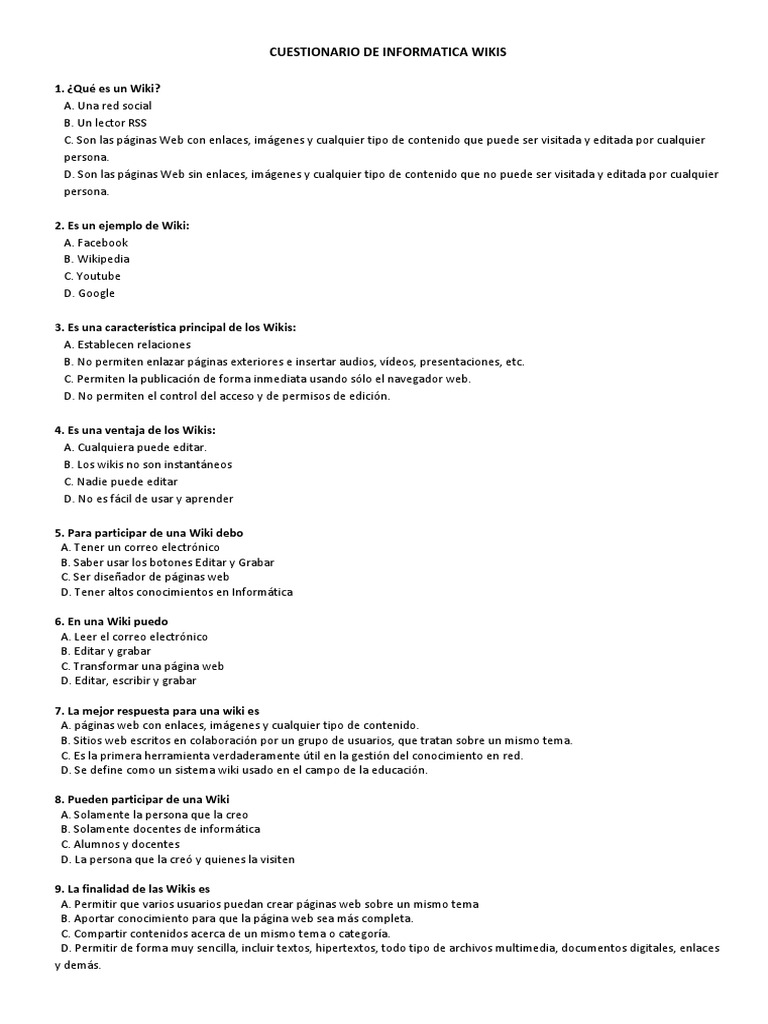 Cuestionario de Informatica Wikis | PDF