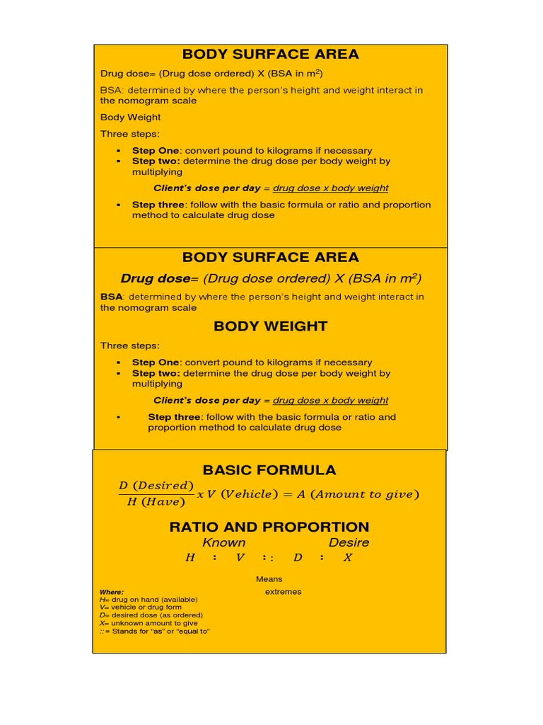 Body Surface Area: Drug Dose (Drug Dose Ordered) X (BSA in M | PDF ...