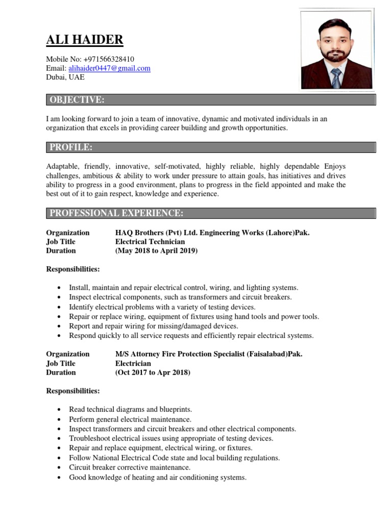 Ali Haider: Electrician CV for UAE | PDF | Electrician | Engineering