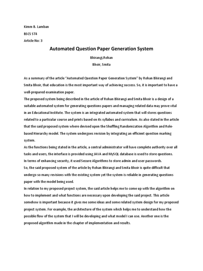 Automated Question Paper Generation System | PDF | Career & Growth ...