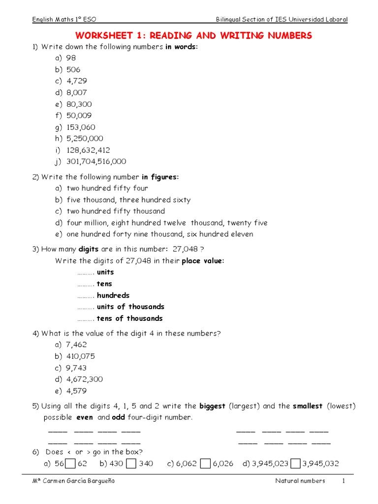 1 Worksheets 1-2-Natural Numbers - 1º Eso | PDF | Prime Number ...