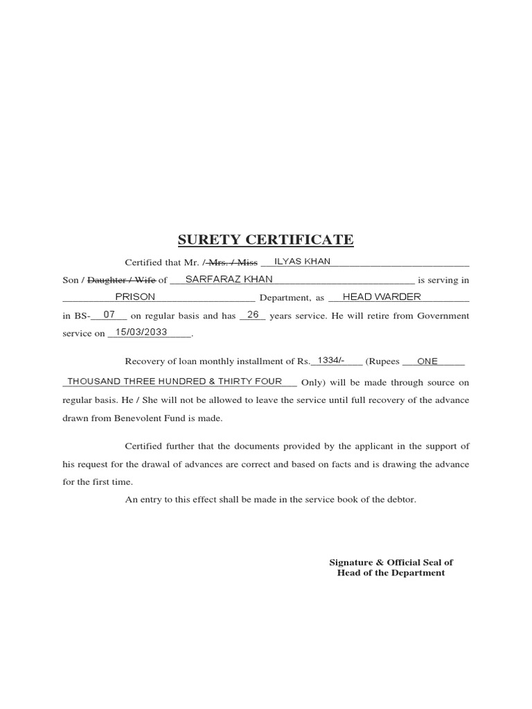 Surety Certificate ILYAS KHAN | PDF