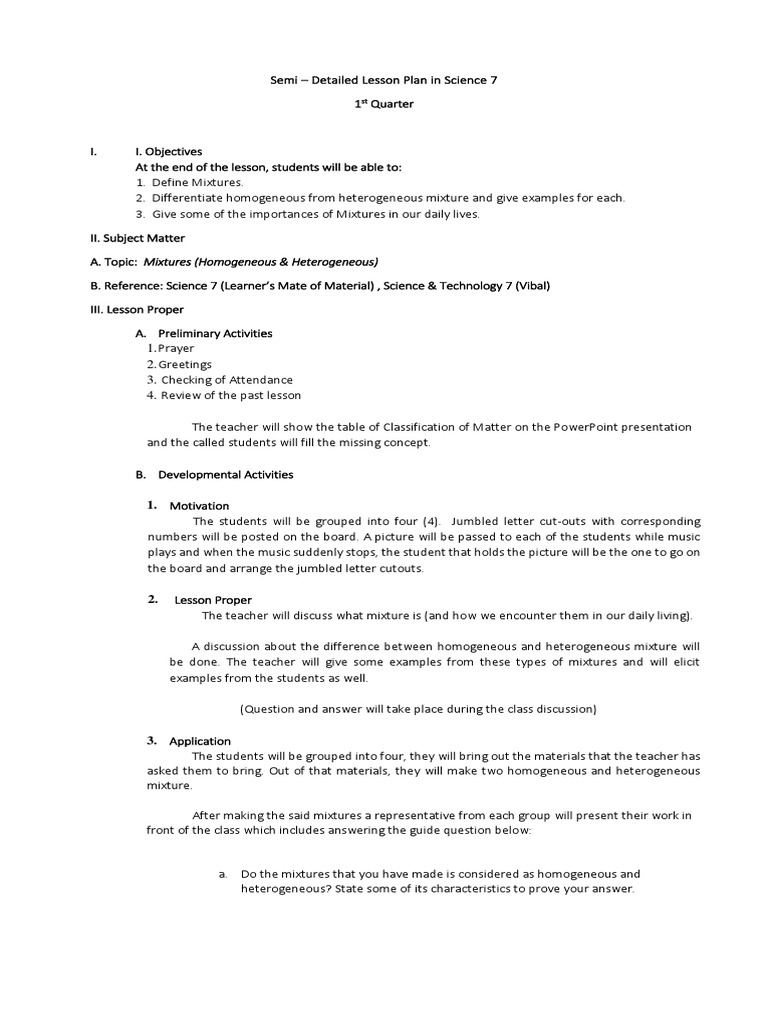 Semi Detailed Lesson Plan in Science 7 2019 Yo | PDF | Homogeneity And ...