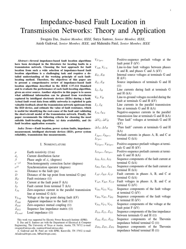 Impedance Based Fault Location Networks Pdf Electrical Impedance Transmission Line 